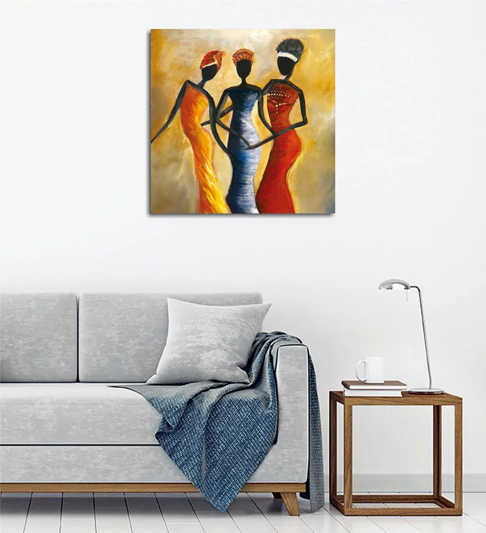Canvastavla 45x45 cm - Tre stiliserade kvinnor i färgglada klänningar ...