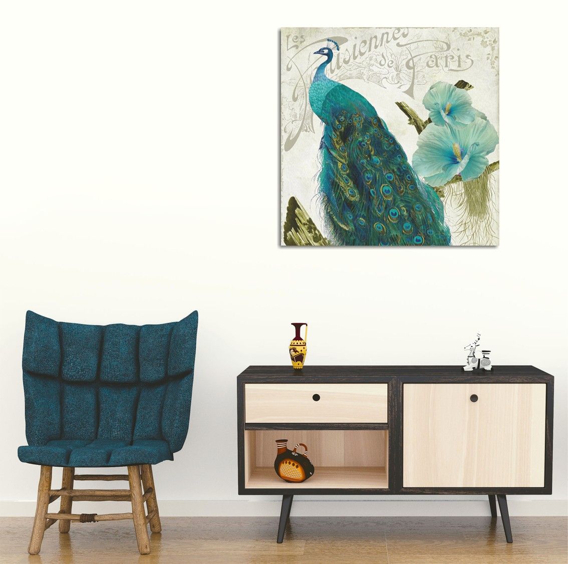 Canvastavla 45x45 cm - Praktfull påfågel med detaljerade fjädrar och ...