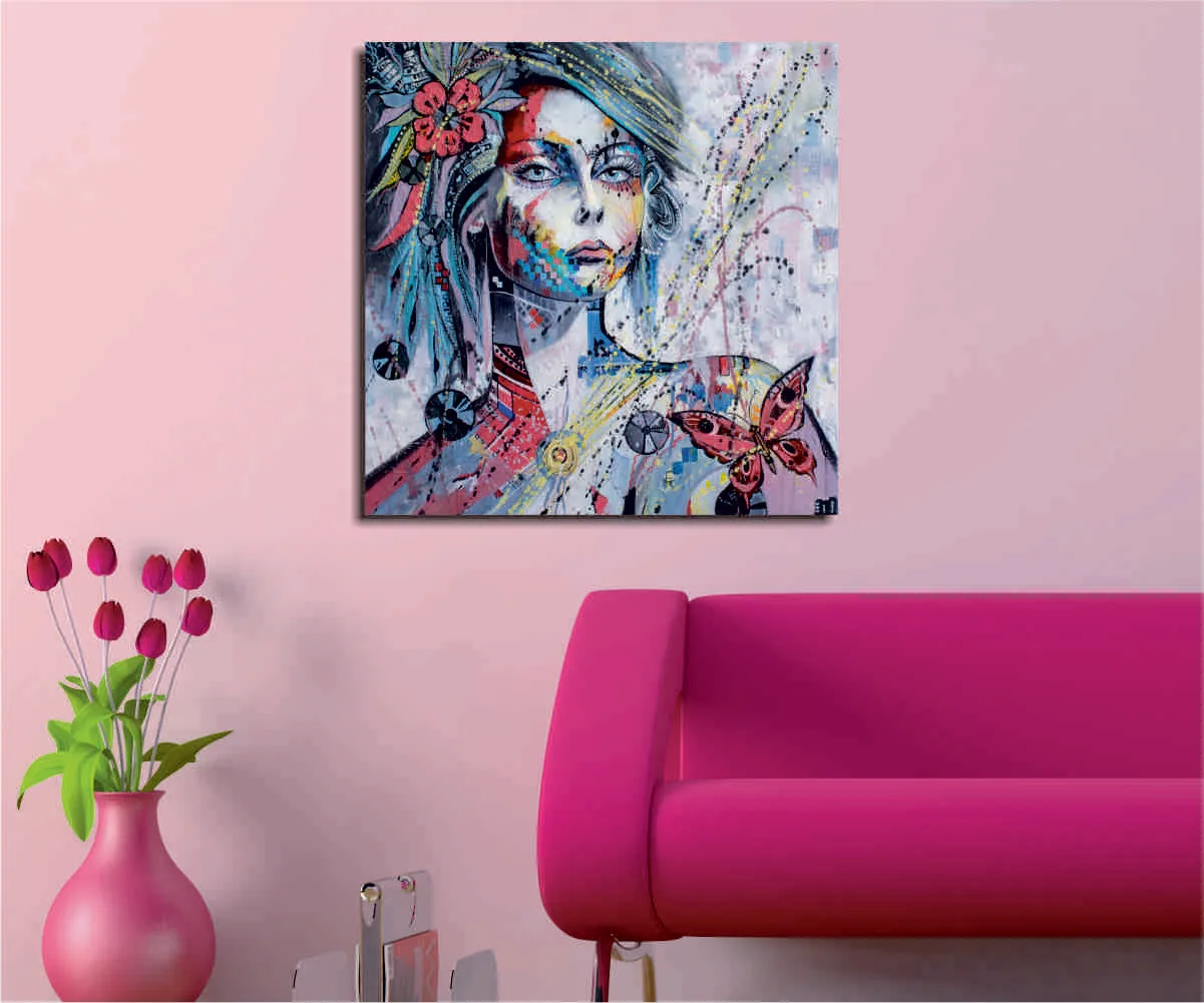 Canvastavla 45x45 cm - Porträtt av en kvinna med färgglada detaljer och ...