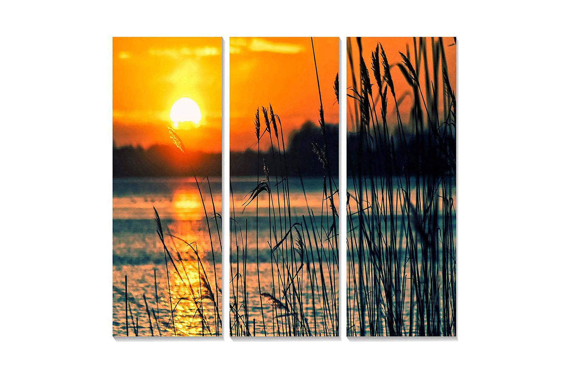 Canvastavla i trä 3-delar 50x70 cm - Solnedgång över en spegelblanka ...