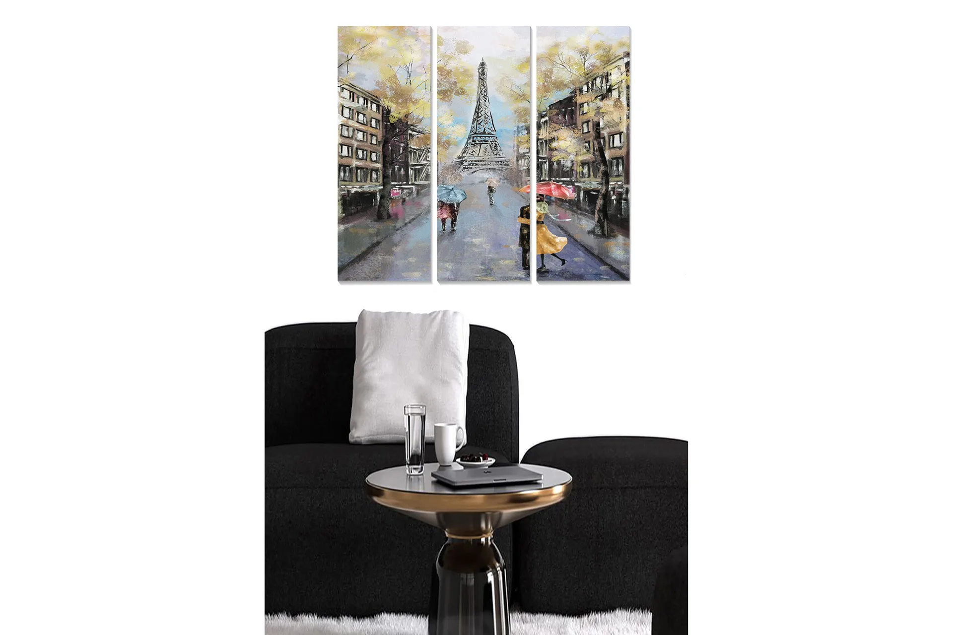 Canvastavla i trä 3-delar 50x70 cm - Parisisk gata med Eiffeltornet i ...