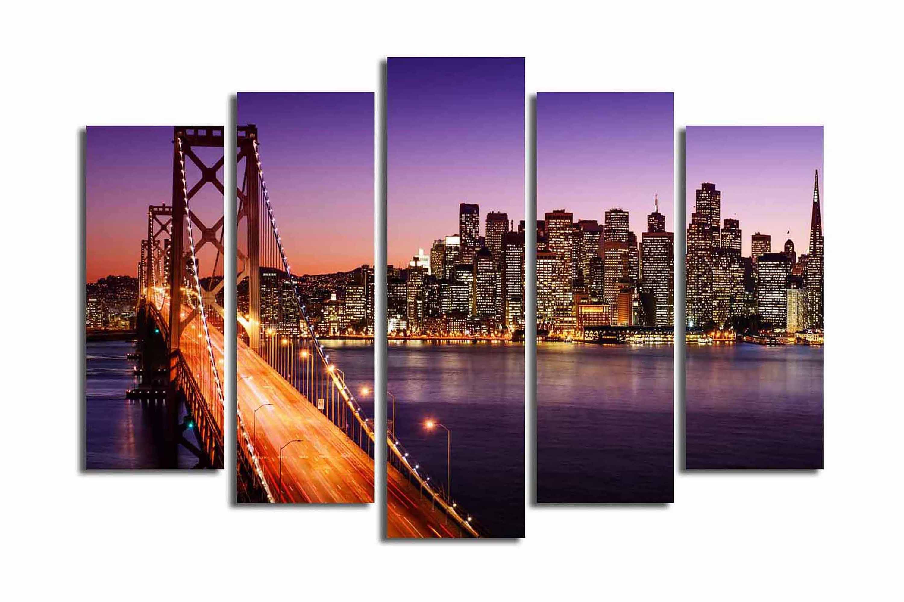 Stor Canvastavla i 5 delar 105x70 cm - Vacker vy över en stad med en ...