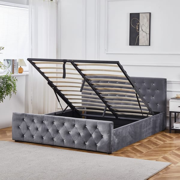 Sängram Dubai Sammet med Förvaring 160x200 cm Grå - Möbler - Trademax